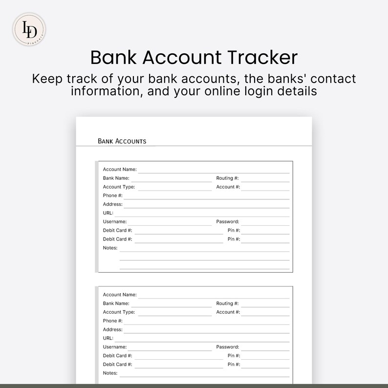 Bank Account Tracker, Financial Planner Insert | Printable PDF Template ...