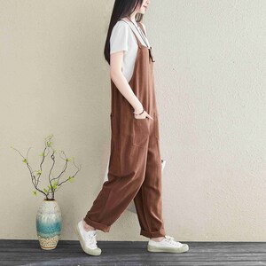 Linen Overalls Women Casual Linen Jumpsuits Overalls Pants With Pockets ...