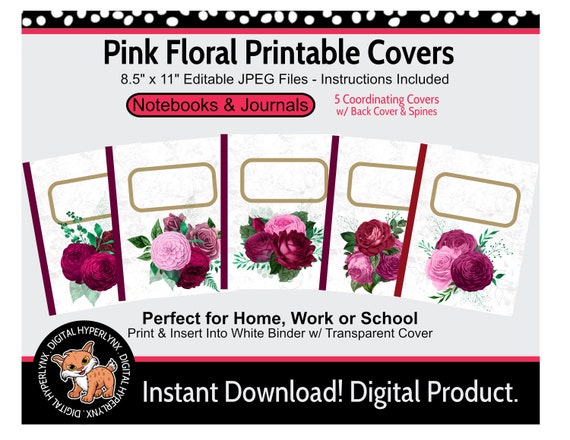 Magenta Pink Floral Printable Binder Notebook Journal Covers | Etsy