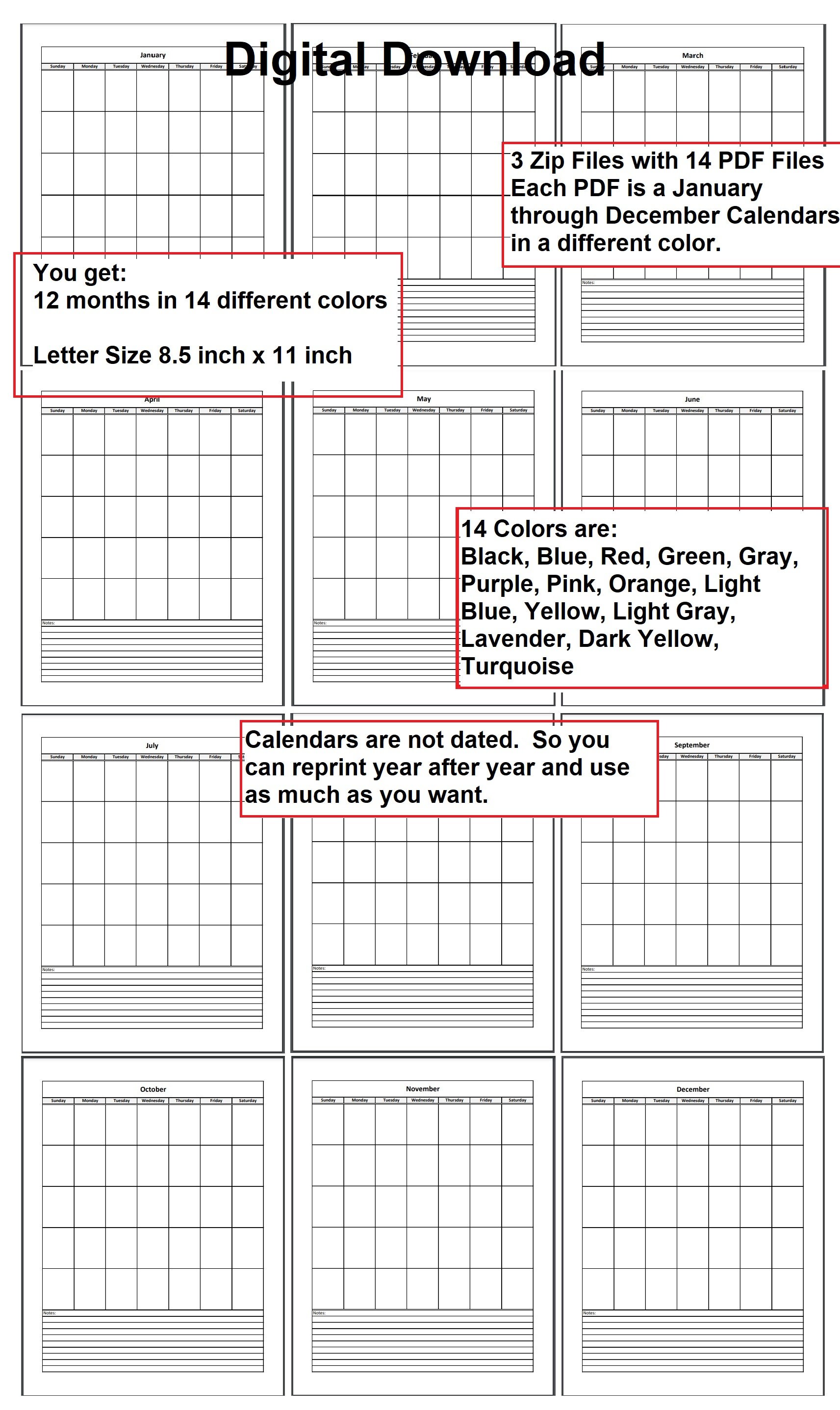 12 Month Calendar, Colored Calendars, Download PDF Files, Printable ...