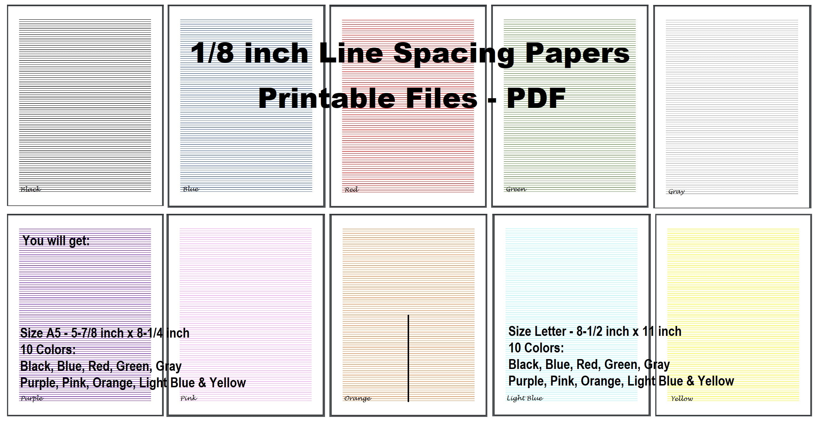 1/8 Inch Lined Paper Printable, Color Lined Pages, Download PDF Files ...