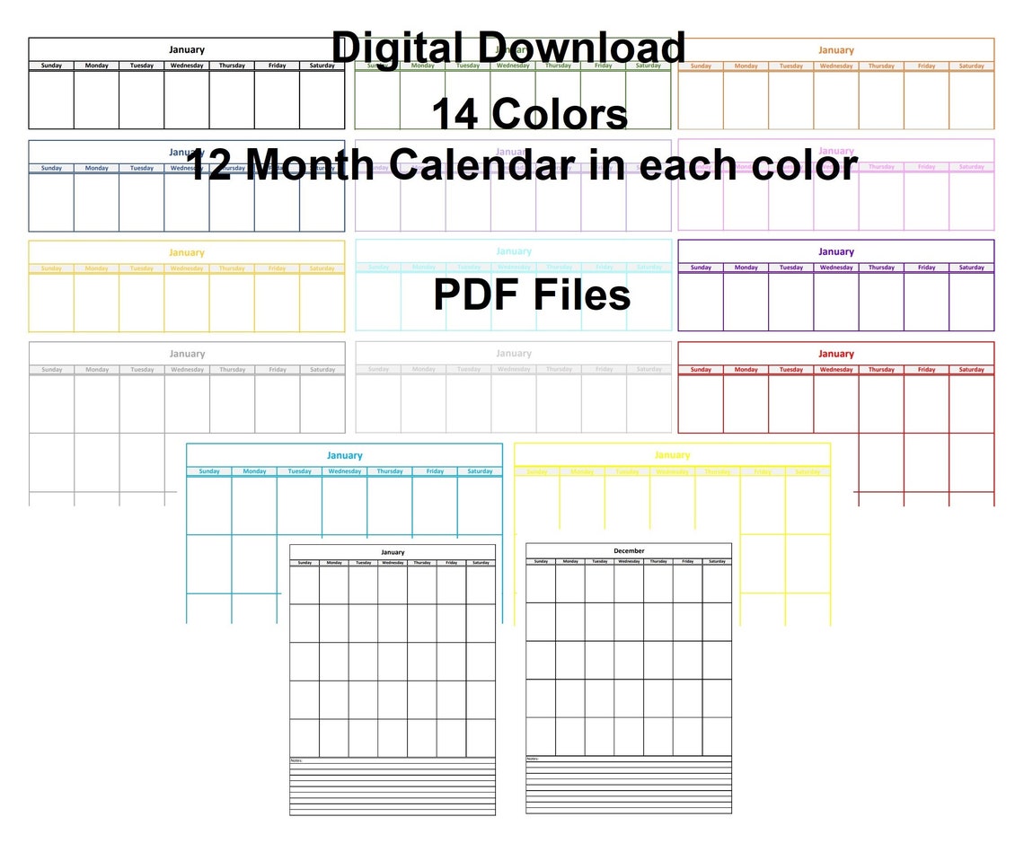 12 Month Calendar, Colored Calendars, Download PDF Files, Printable ...