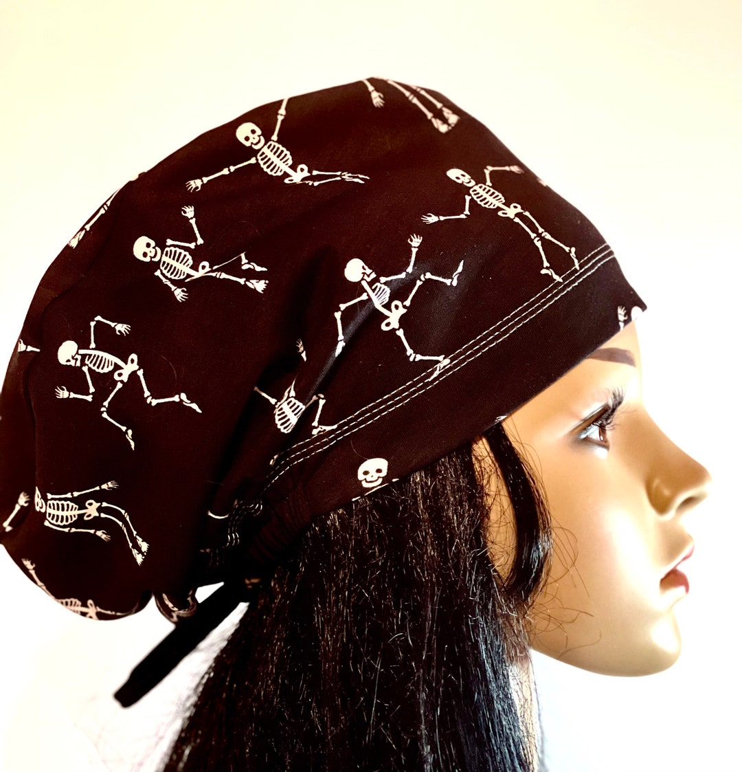 Dancing Skeletons Scrub Hat/black Cotton Jersey Scrub Cap/satin Linen ...