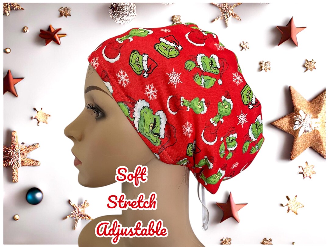 Christmas Santa Grinch/snowflakes Red Scrub Cap/holiday Soft & Stretch ...