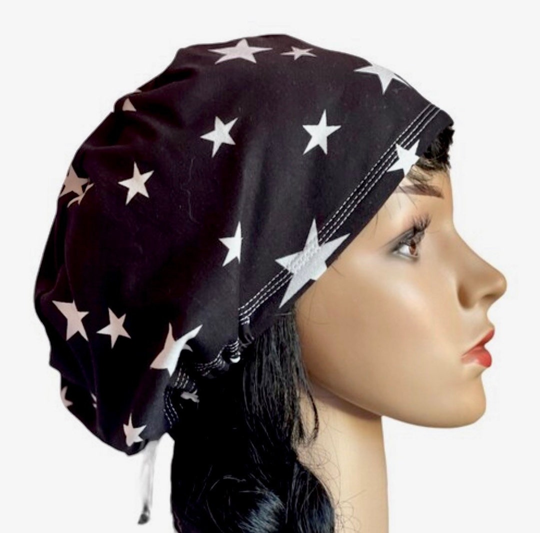Soft White Stars on Black Scrub Cap/euro Style Stretchy Adjustable ...