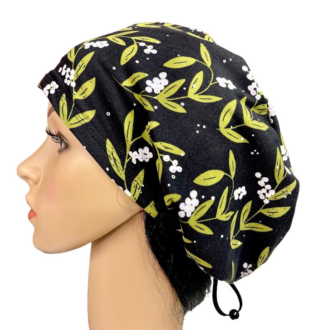 Soft Green Floral on Black Scrub Cap/stretchy Surgical Hat/satin Linen ...