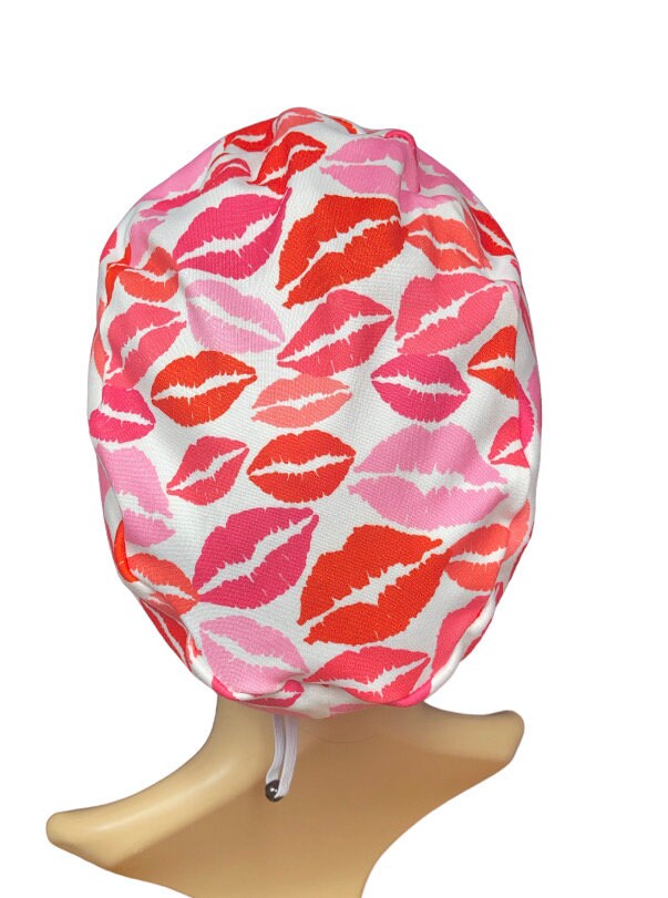 Valentine's Kisses Surgical Scrub Cap: Pink Red Lipstick, Adjustable ...
