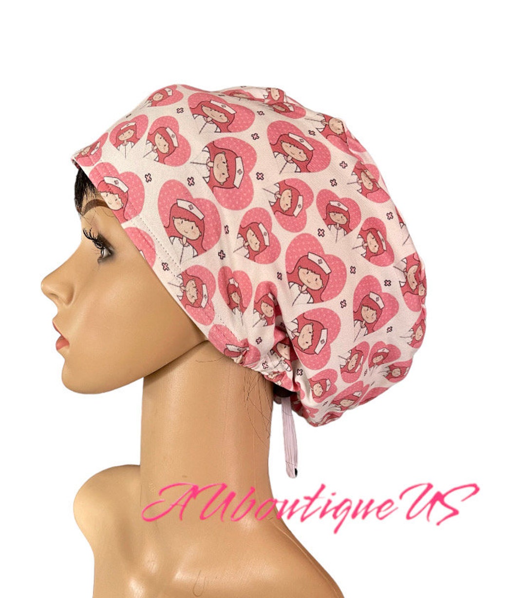 Nurse/heart Pink Soft Stretchy Euro Style Scrub Cap/satin/buttons/tie ...
