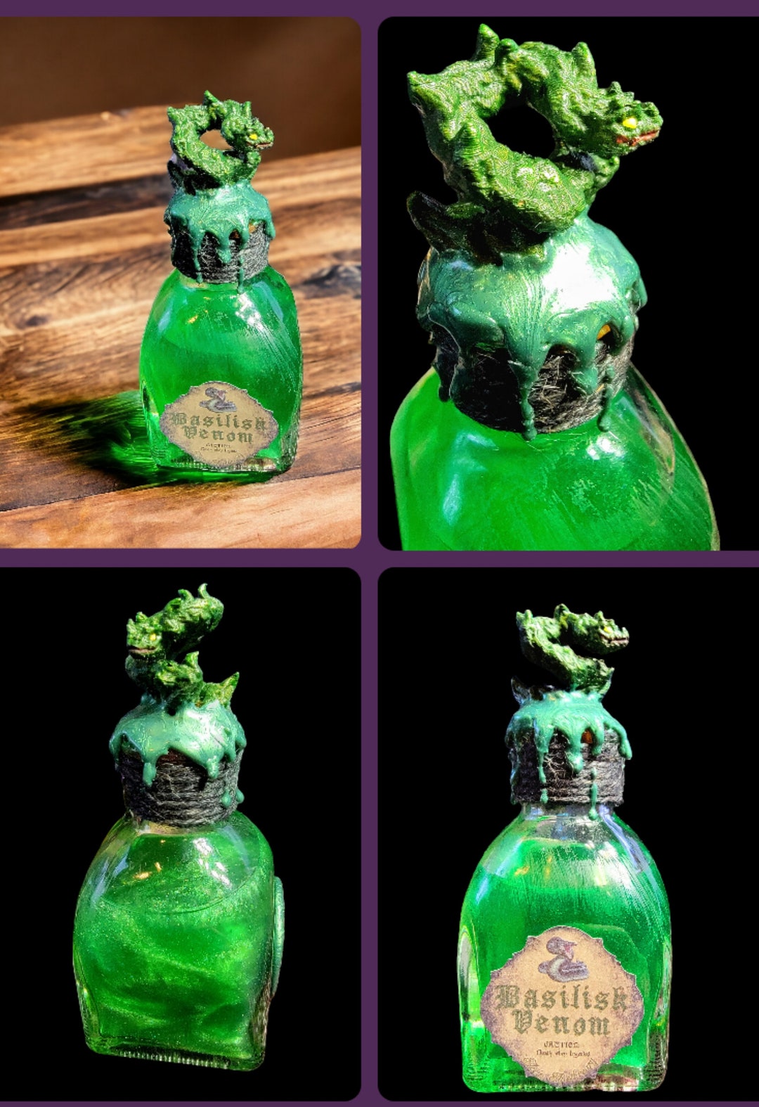 Basilisk Venom Glass Potion With Basilisk Snake Statue, Swirling Green ...