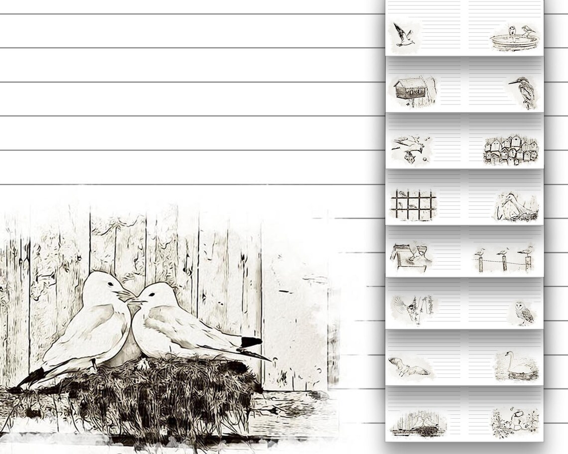 Lined Birds Writing Paper Printable Set, Junk Journal Insert ...