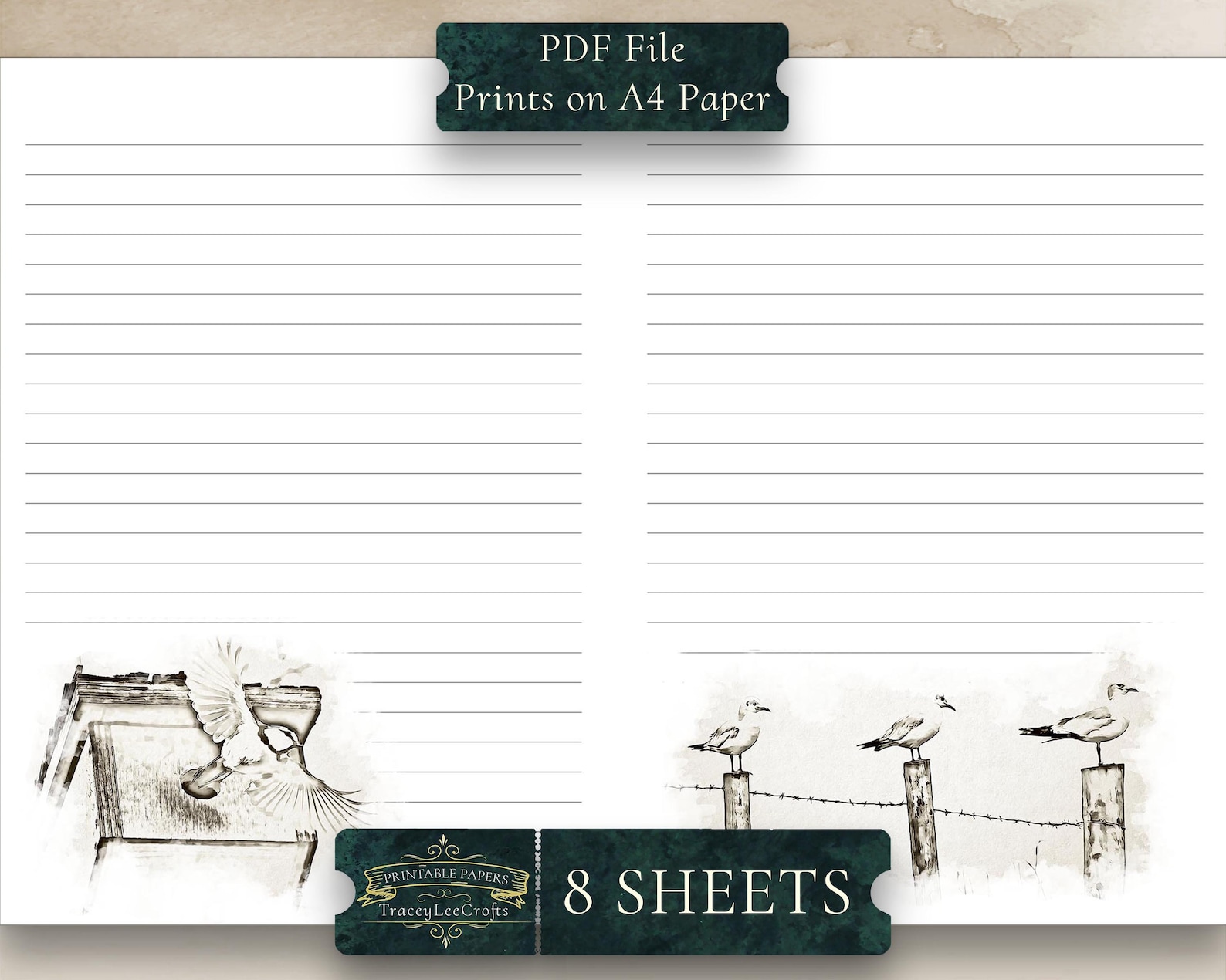 Lined Birds Writing Paper Printable Set, Junk Journal Insert ...