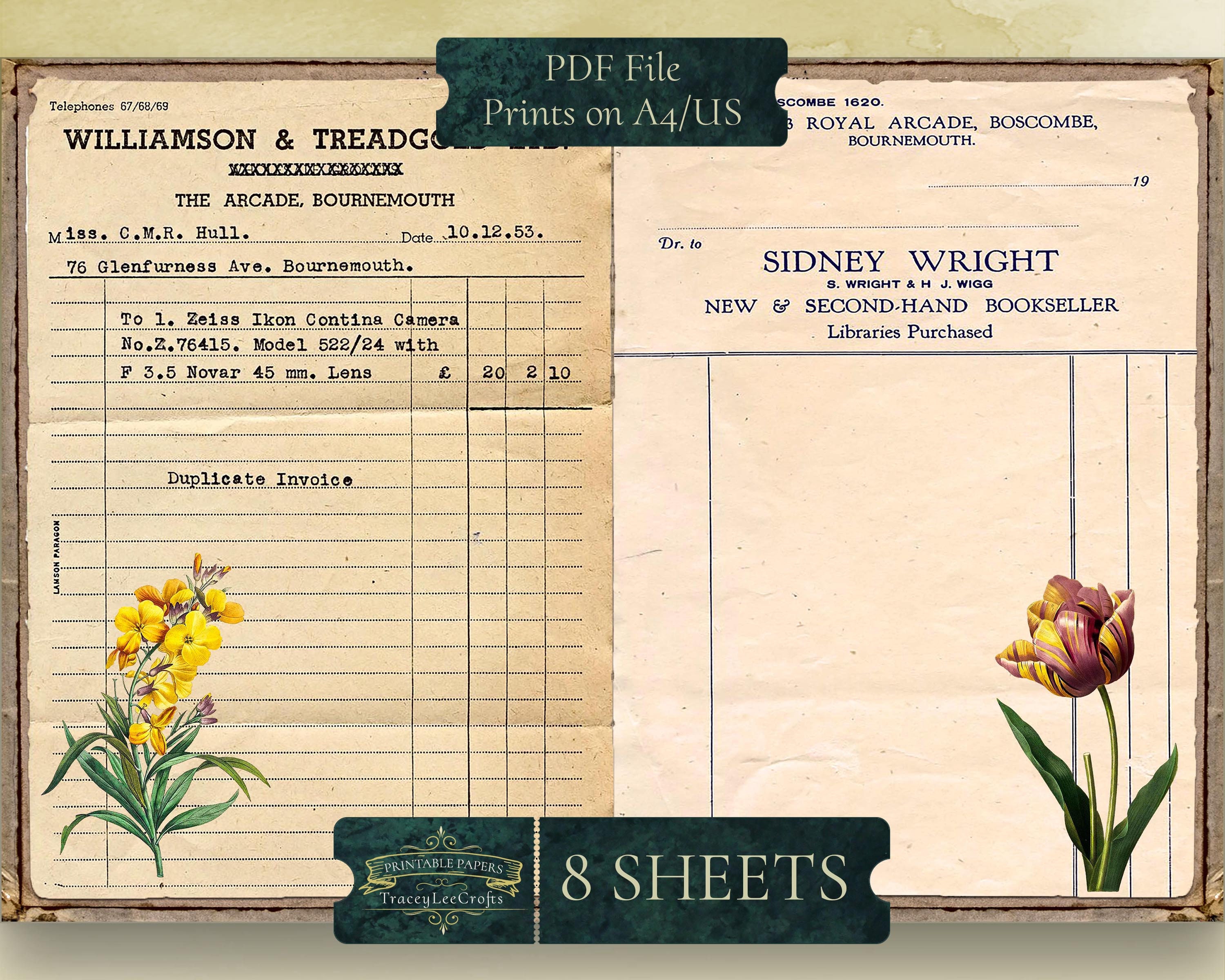DIY Printable Vintage Floral Invoice Receipt Ephemera Junk - Etsy
