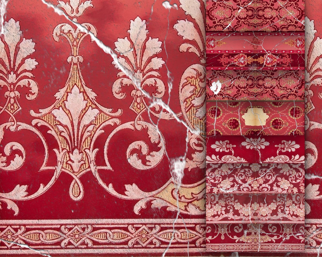 Junk Journal Vintage Wallpaper Red Motifs Printable Kit, Digital ...