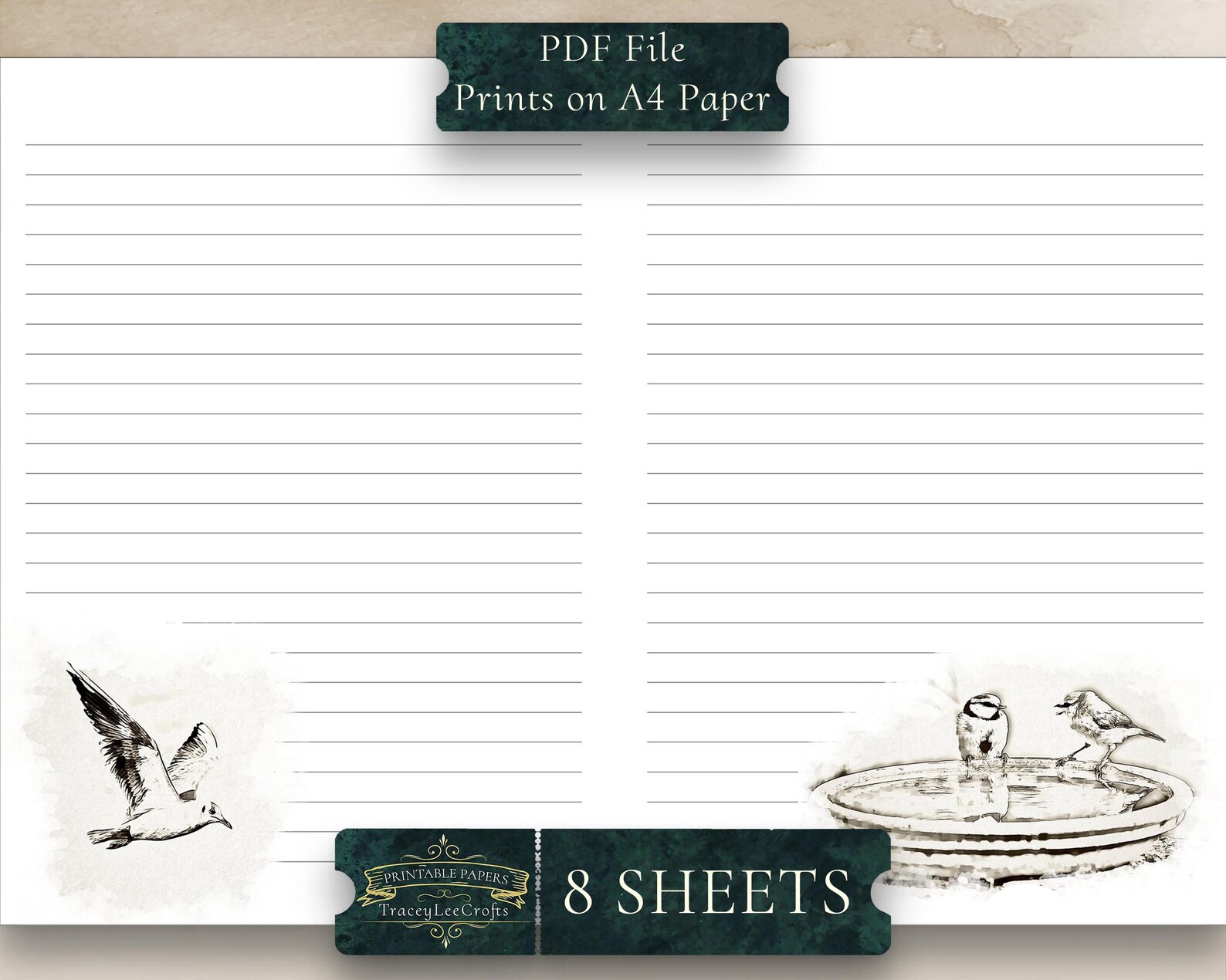Lined Birds Writing Paper Printable Set, Junk Journal Insert ...