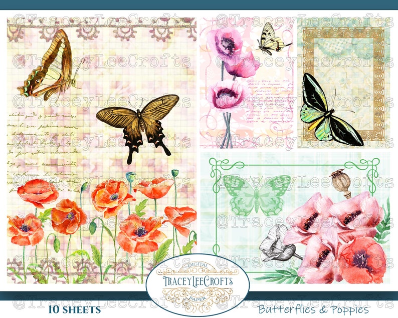 Digital Butterflies Poppies Junk Journal Images Pink Pages Flowers ...