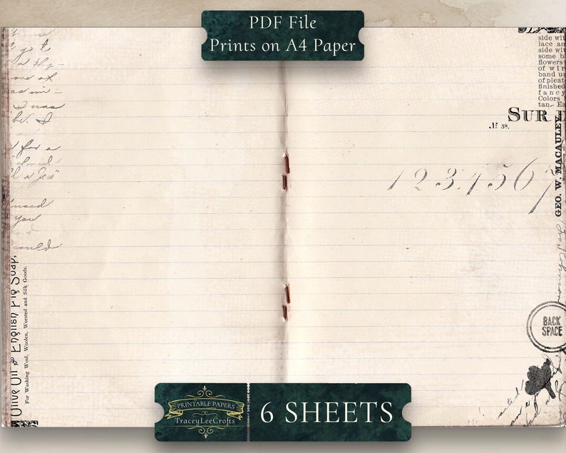 Printable Digital Vintage Lined Paper Kit Set Horizontal Landscape ...