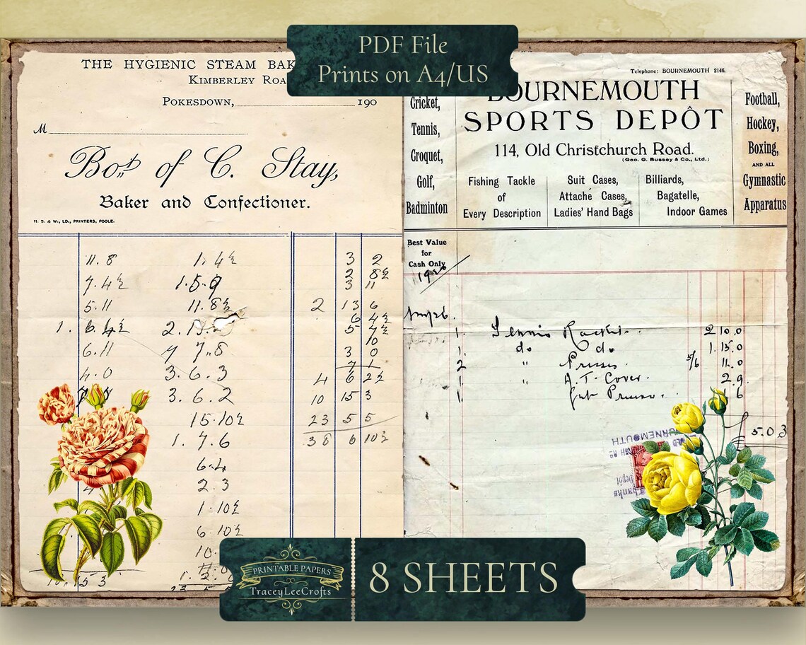 DIY Printable Vintage Floral Invoice Receipt Ephemera Junk - Etsy