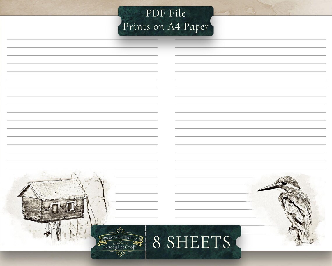 Lined Birds Writing Paper Printable Set, Junk Journal Insert ...