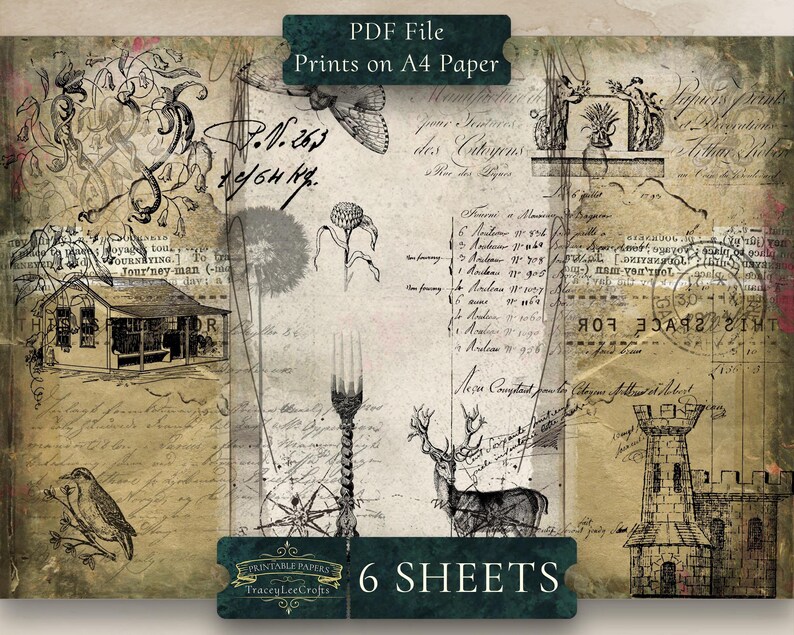 Printable Digital Old Vintage Mixed Ephemera Paper Kit Set Horizontal ...