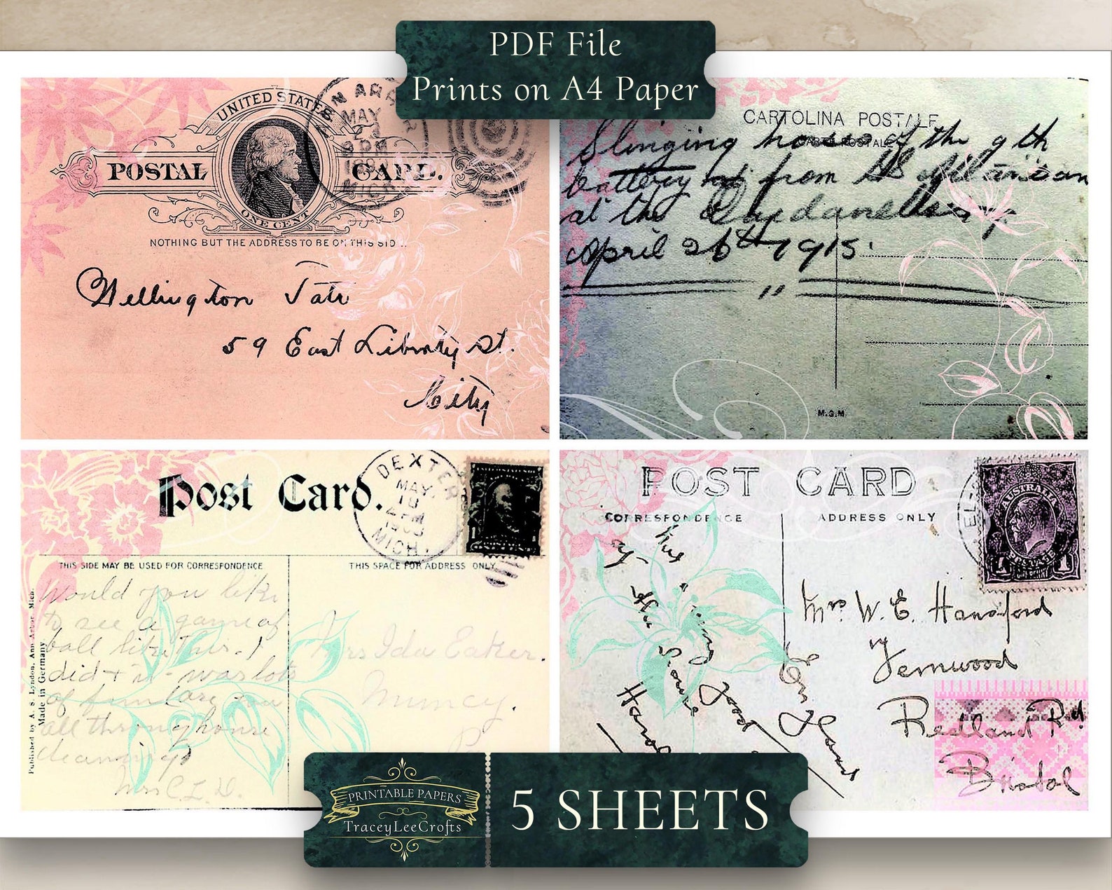 Digital Old Vintage Postcards Ephemera Junk Journal Pages Scrapbooking ...