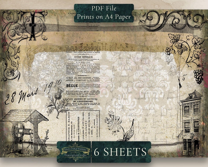 Printable Digital Old Vintage Mixed Ephemera Paper Kit Set Horizontal ...