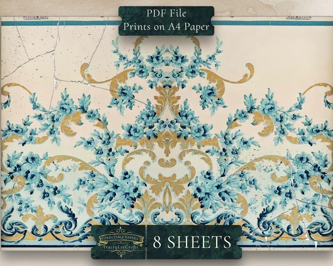 Junk Journal Vintage Wallpaper Blue Florals Printable Kit, Digital ...