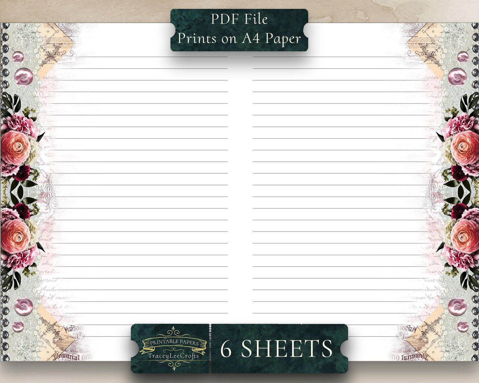 Victorian Floral Lined Writing Paper Printable Vintage Stationery Junk ...