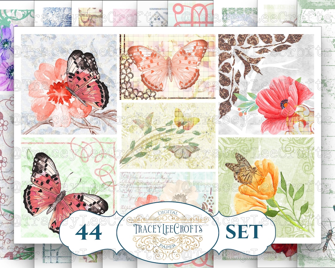 Digital Butterflies Poppies Junk Journal Images Pink Pages Flowers ...