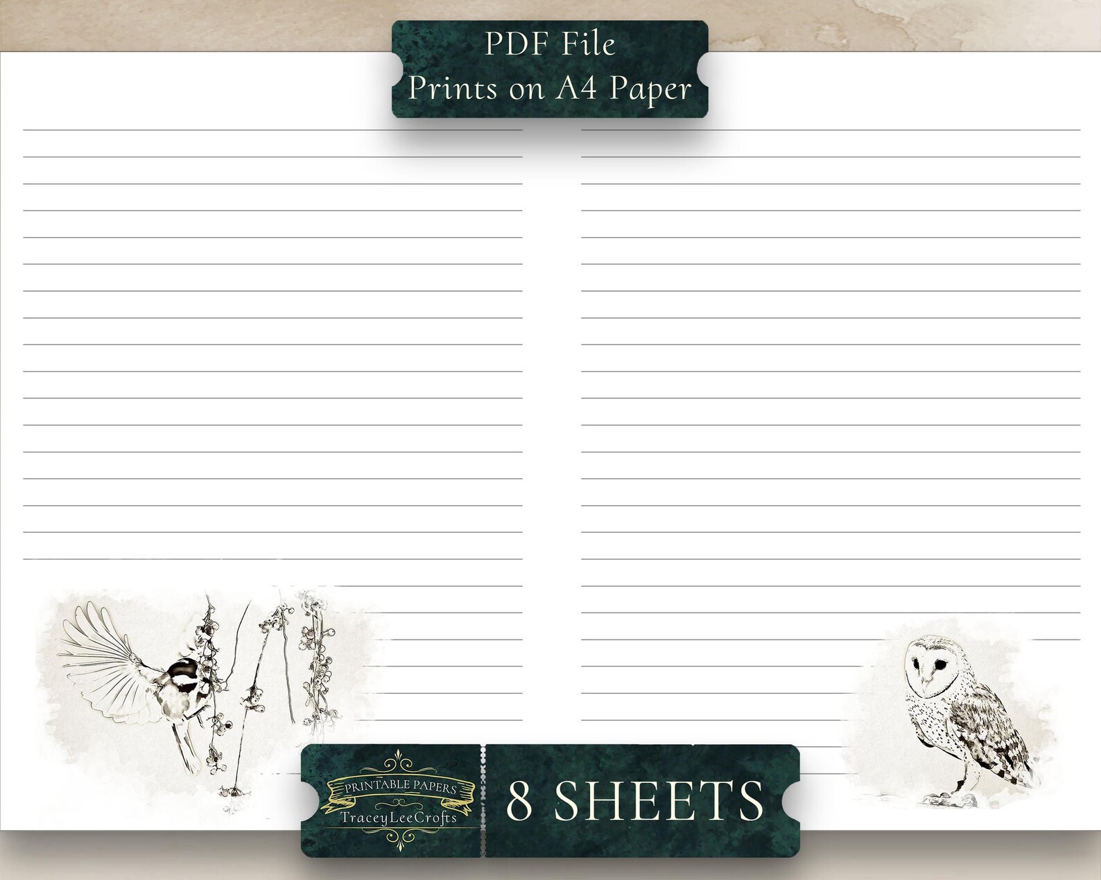 Lined Birds Writing Paper Printable Set, Junk Journal Insert ...