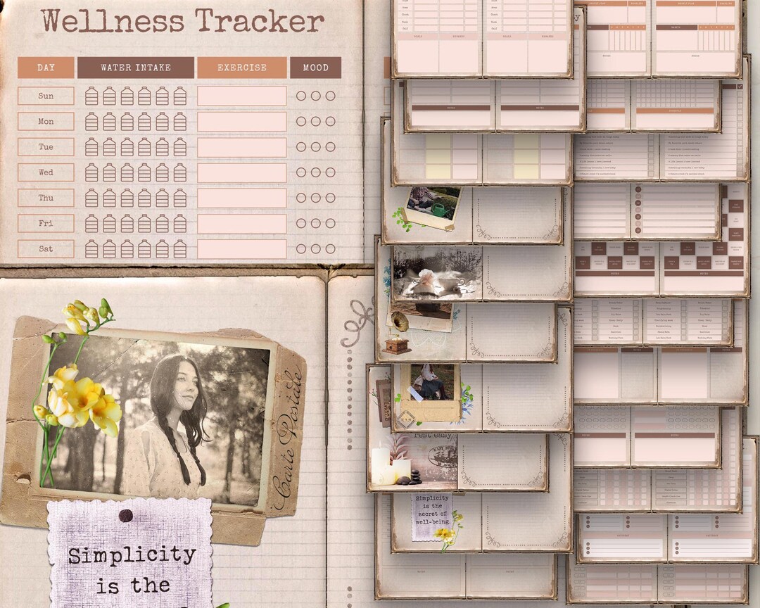 DIY Vintage Retro Wellness Journal Kit Printable , Digital Well-being ...