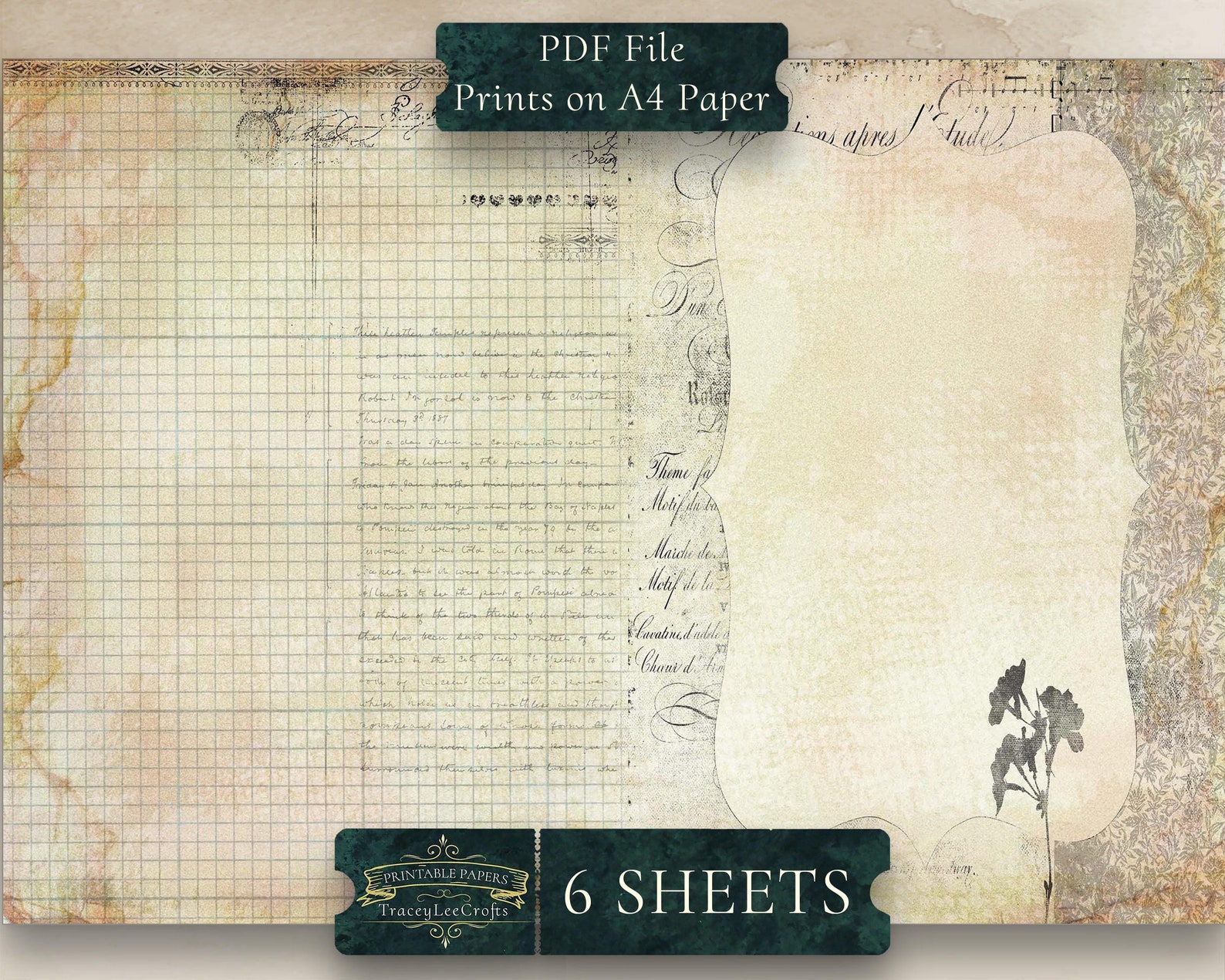 Printable Digital Vintage Lined Paper Kit Set Horizontal Landscape ...