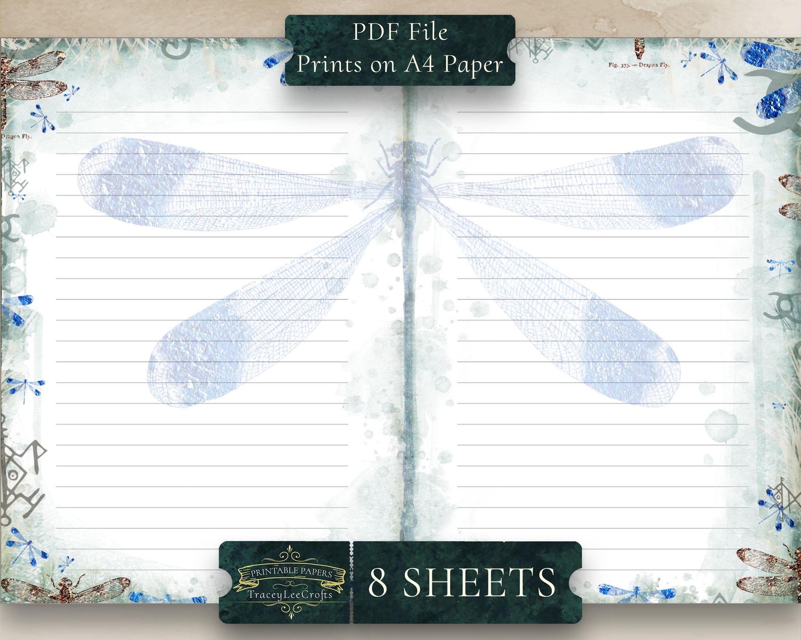 DIY Lined Dragonfly Journal Printable Kit Digital Diary Paper ...