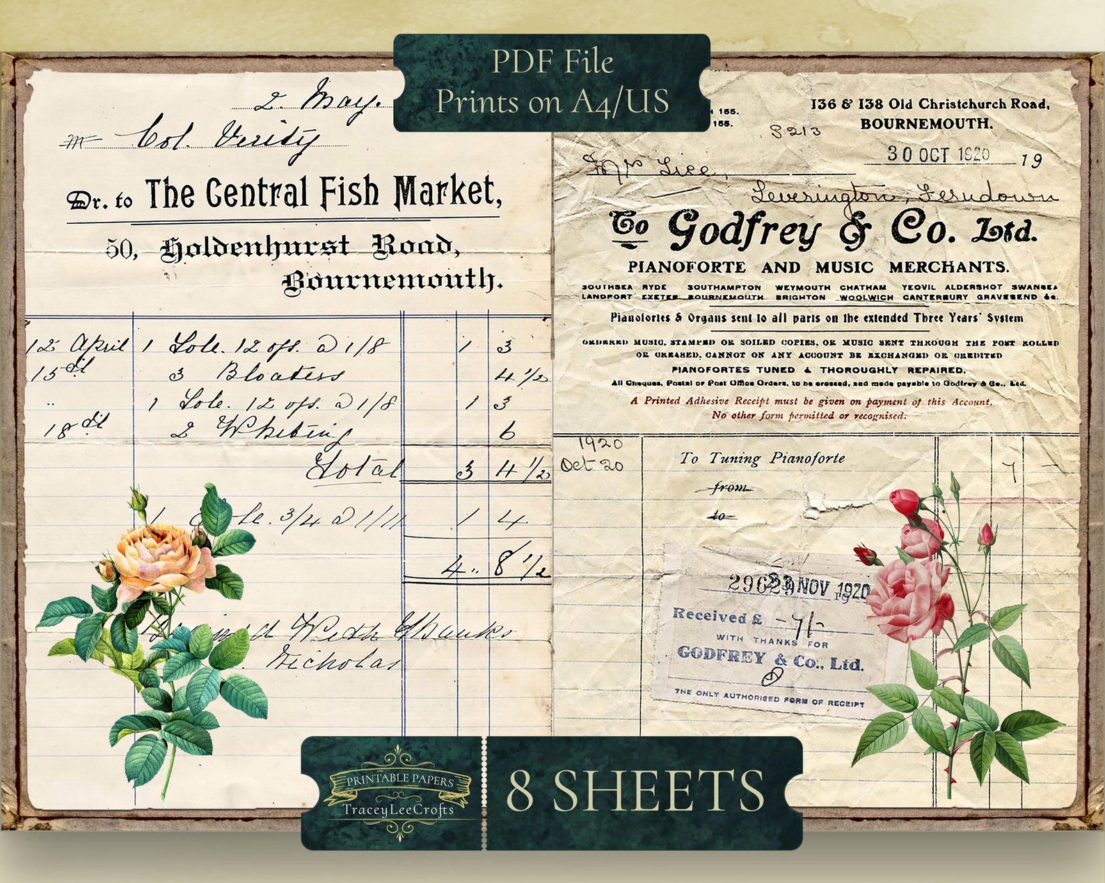 DIY Printable Vintage Floral Invoice Receipt Ephemera Junk - Etsy