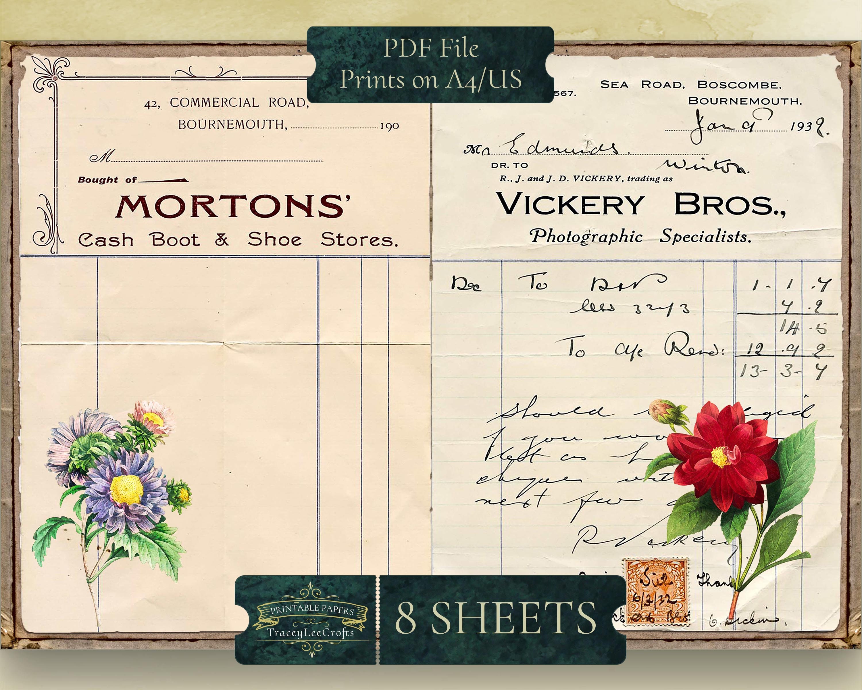 DIY Printable Vintage Floral Invoice Receipt Ephemera Junk - Etsy