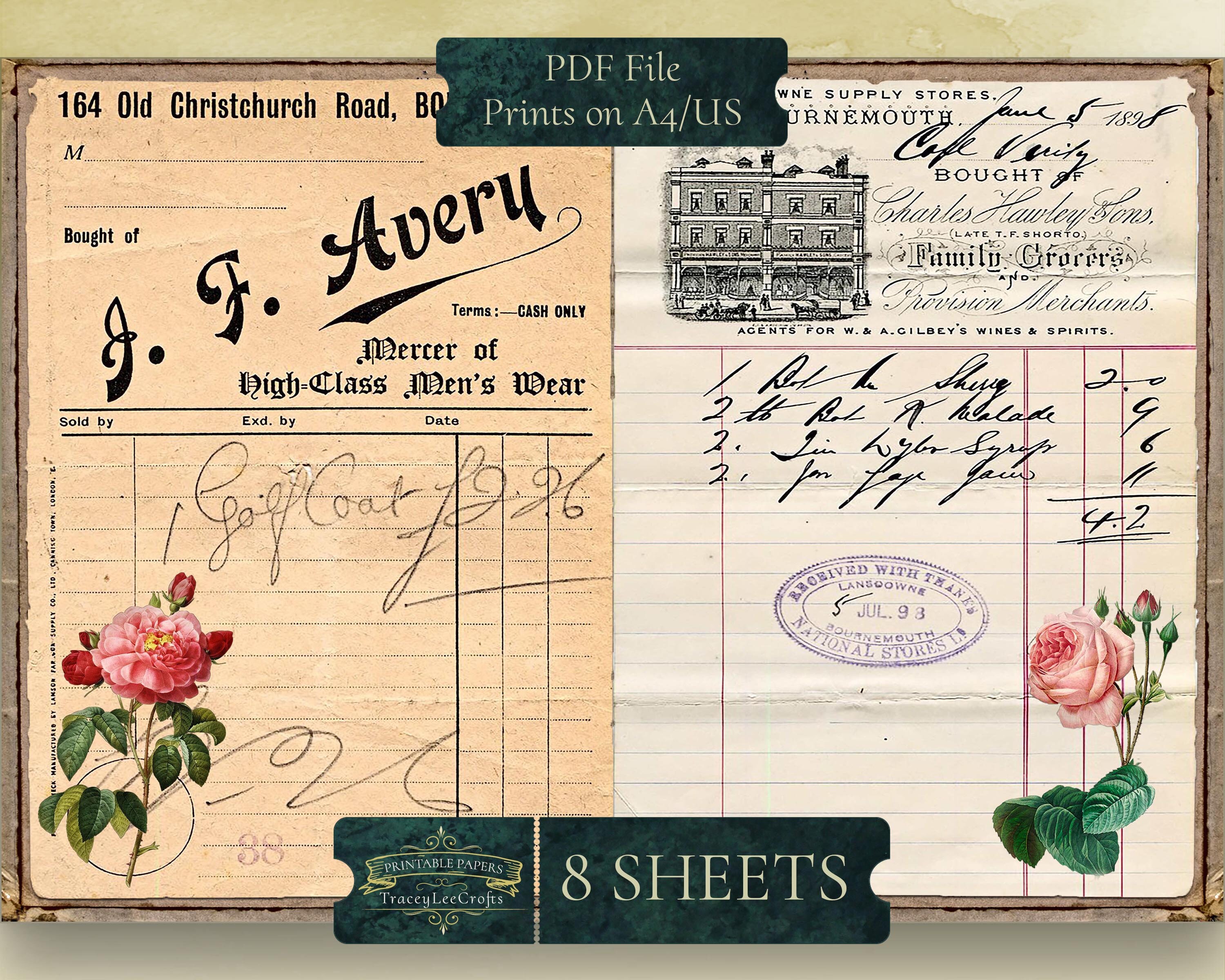 DIY Printable Vintage Floral Invoice Receipt Ephemera Junk - Etsy