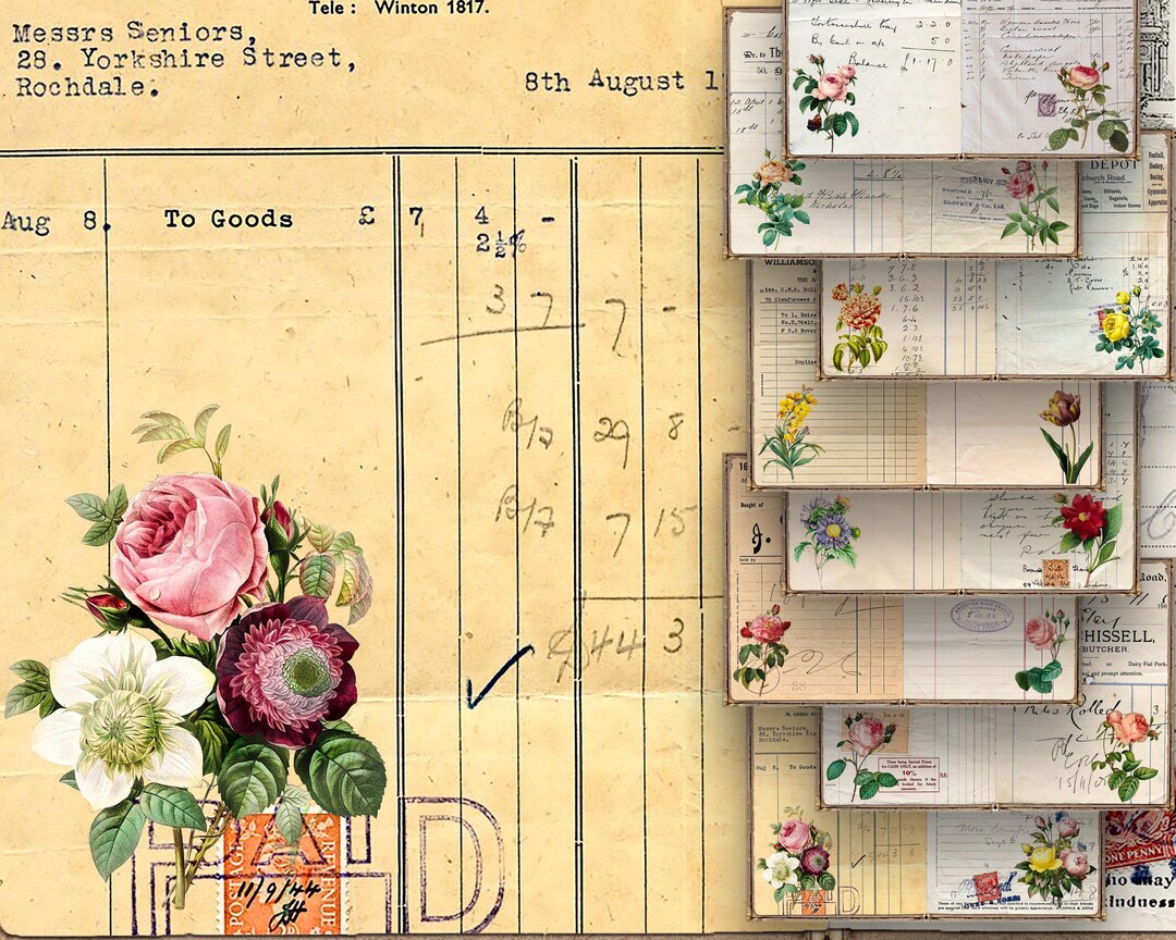 DIY Printable Vintage Floral Invoice Receipt Ephemera Junk Journal ...
