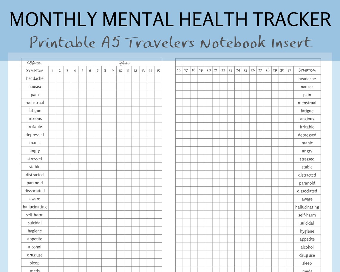 PRINTABLE A5 Booklet Monthly Symptom Mood Medication Anxiety Depression ...