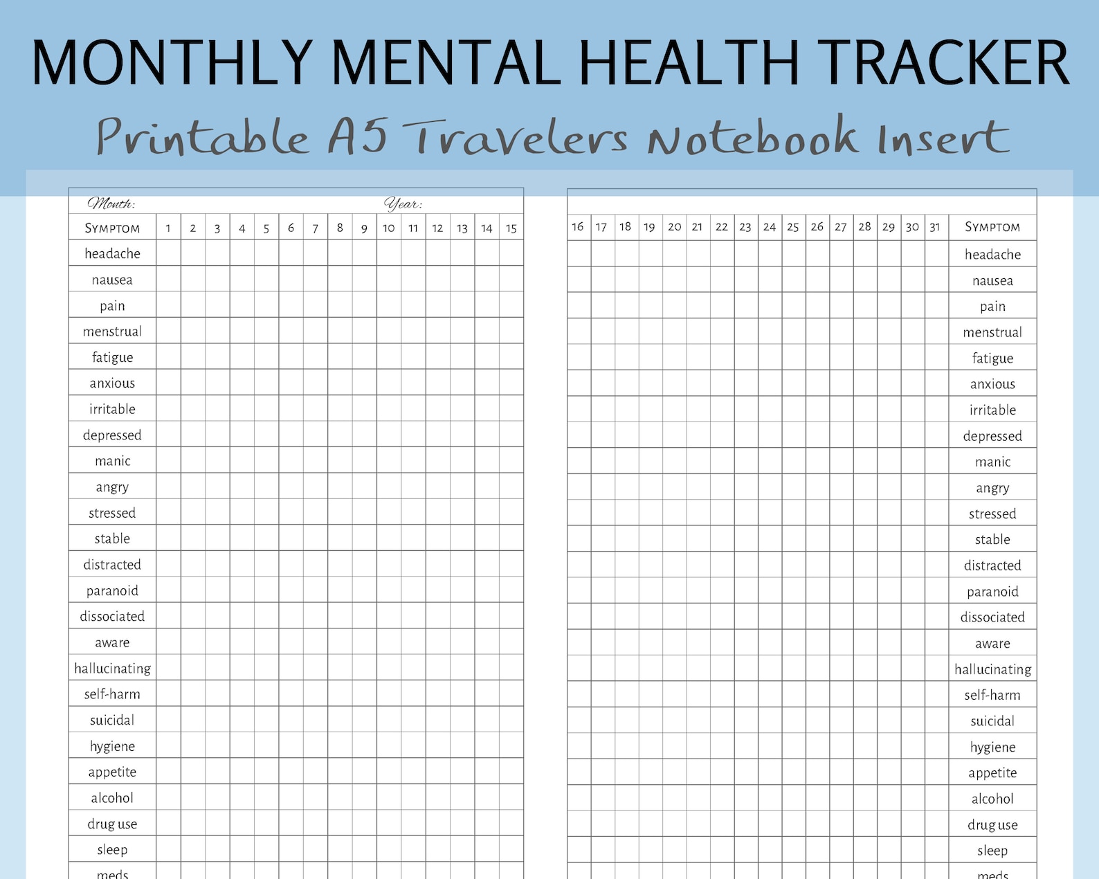 PRINTABLE A5 Booklet Monthly Symptom Mood Medication Anxiety Depression ...