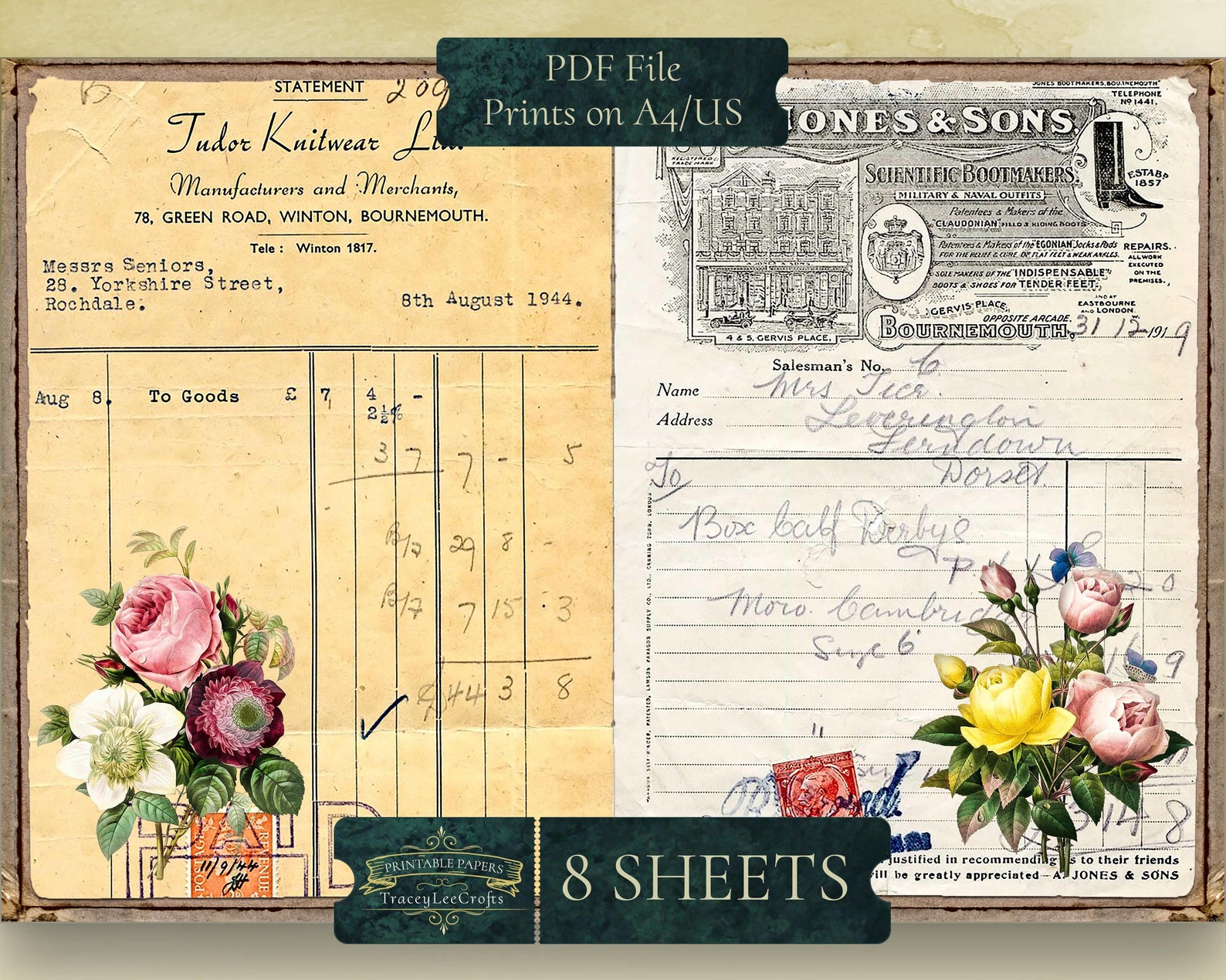 DIY Printable Vintage Floral Invoice Receipt Ephemera Junk - Etsy