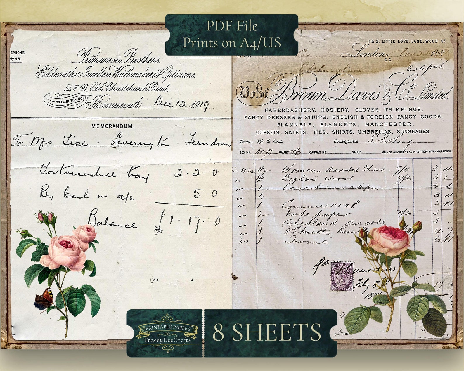 DIY Printable Vintage Floral Invoice Receipt Ephemera Junk - Etsy