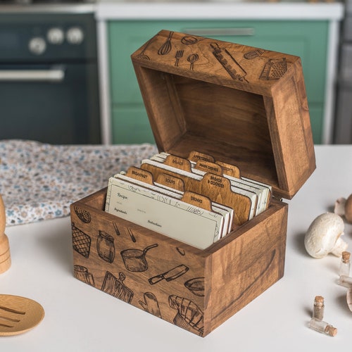 Wooden Recipe Box With Dividers and Recipe Cards 4x6 Gift for - Etsy