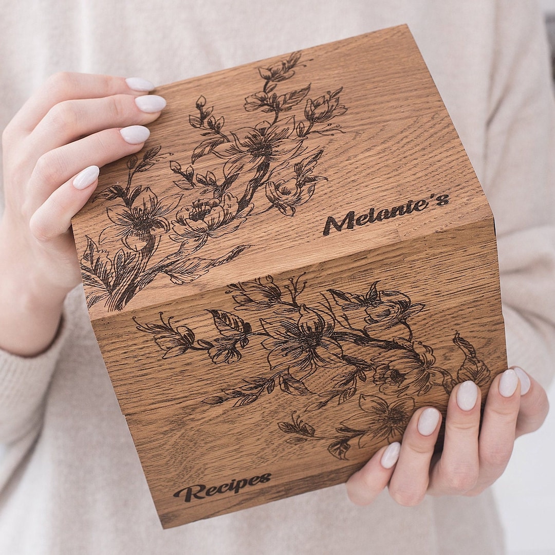 Custom Wooden Recipe Box With Dividers and Recipe Cards Personalized ...