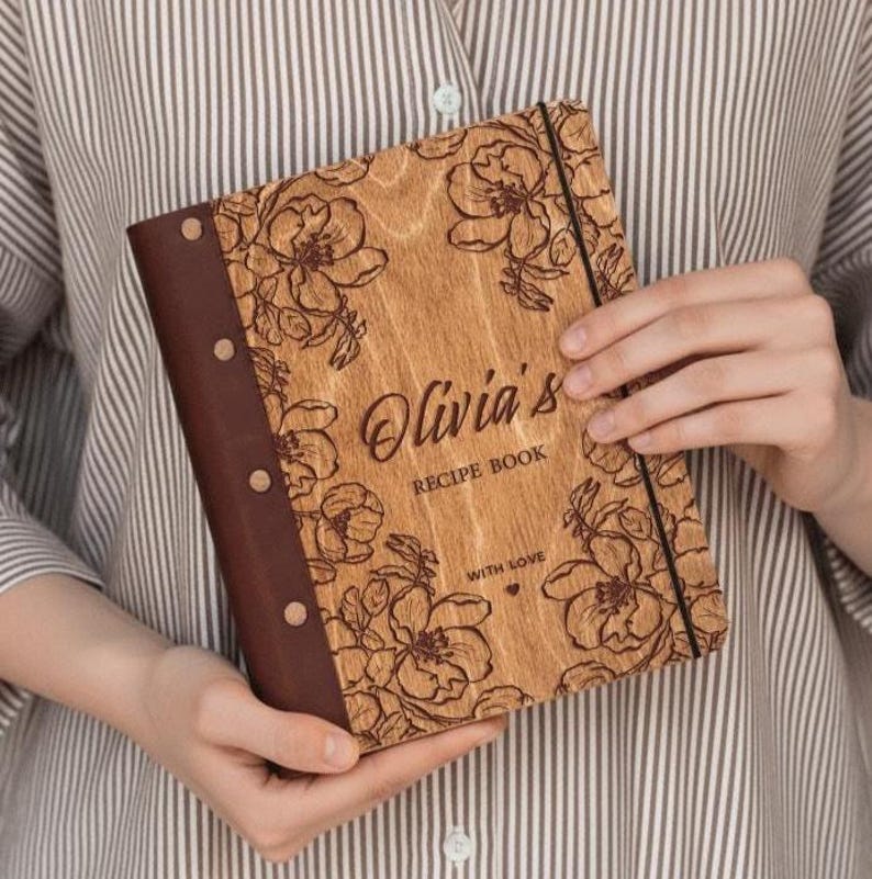 Wooden Personalized Recipe Book With Leather Spine, Custom Cookbook ...
