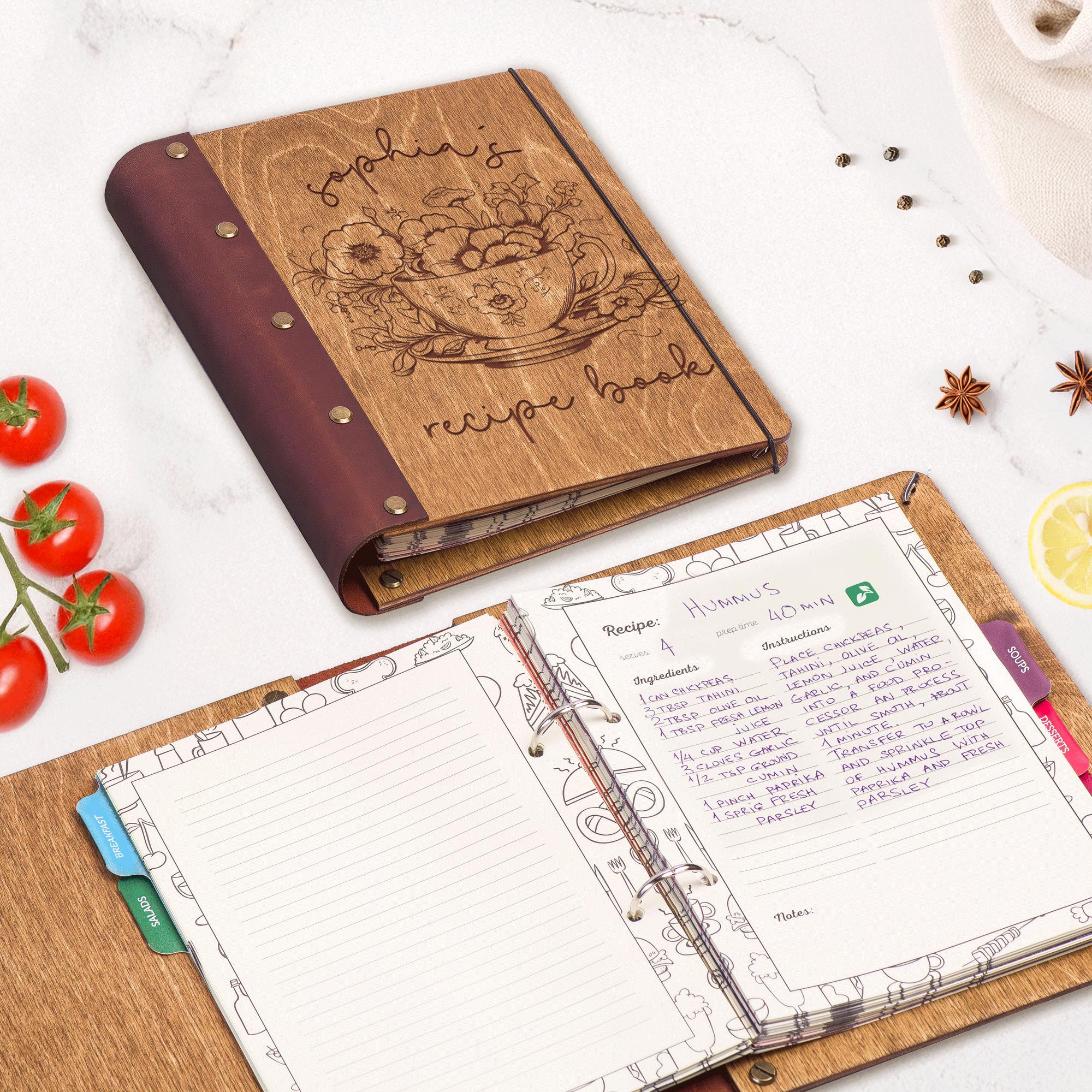 Wooden Personalized Recipe Book With Leather Spine, Custom Cookbook ...