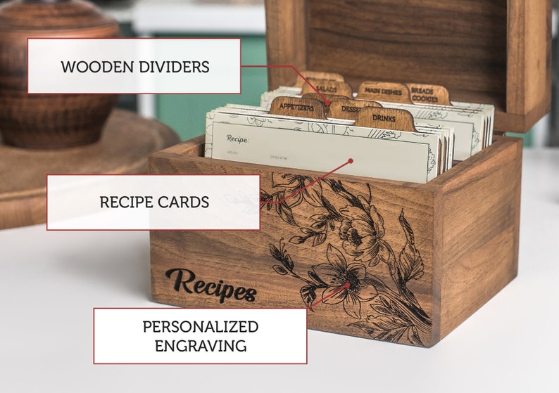 Wooden Recipe Box With Dividers and Recipe Cards 4x6 Gift for - Etsy