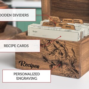 Custom Wooden Recipe Box With Dividers and Recipe Cards Personalized ...