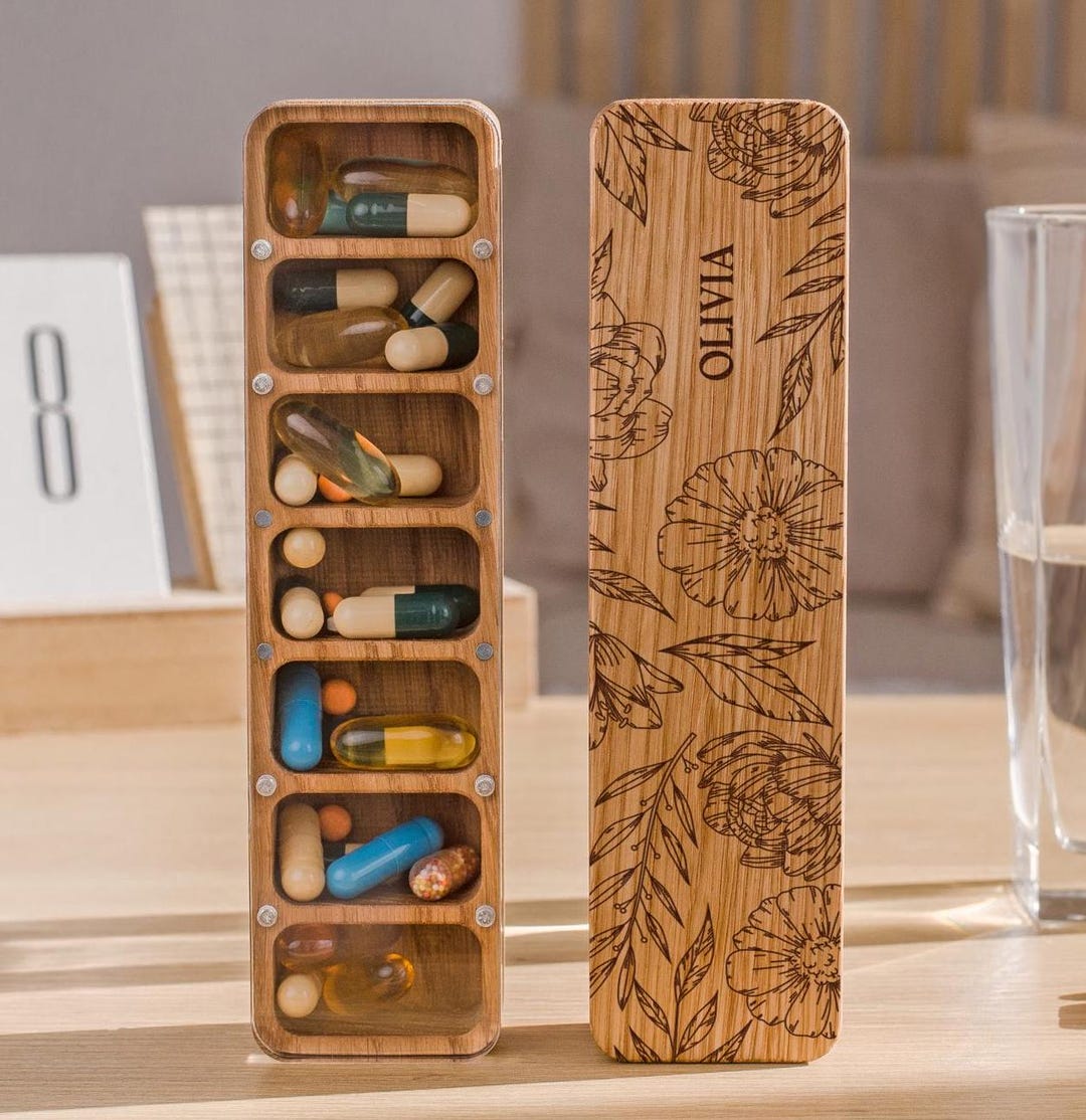 Pill Organizer With Custom Name, Cute 7 Day Pill Box for Purse, Wooden ...