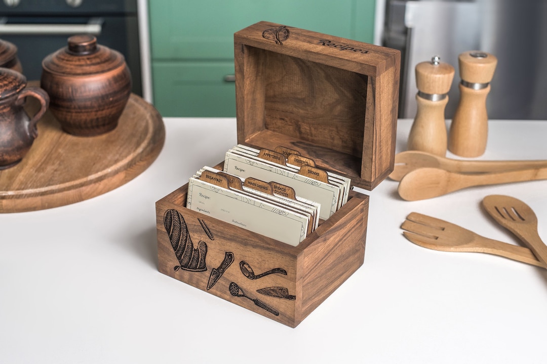 Wooden Recipe Box for Recipe Cards 4x6 Walnut Gift for Mom From ...