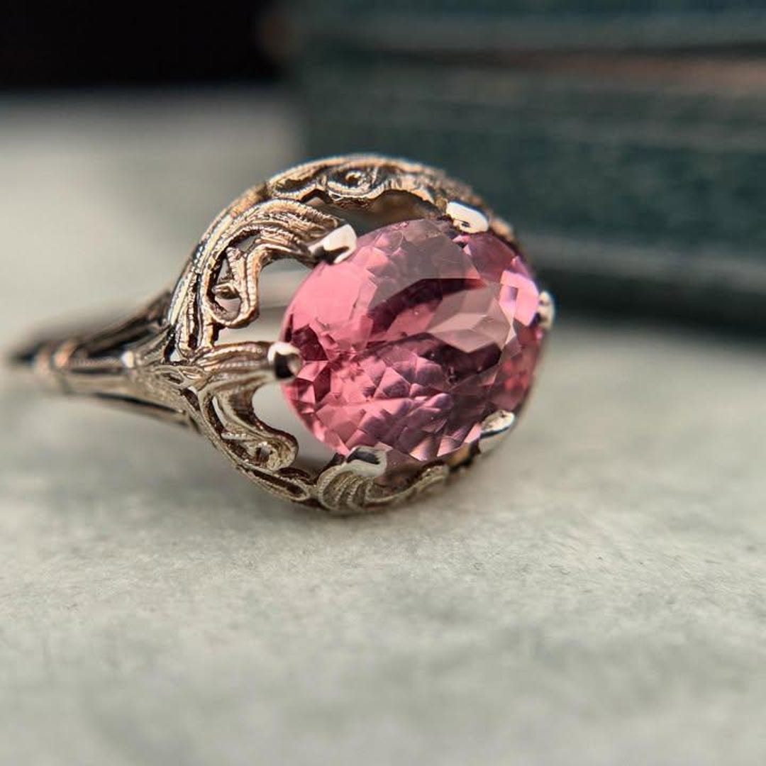 Dark Pink Morganite Vintage Art Deco Ova Cut Ring Gold Plated With 92.5 ...
