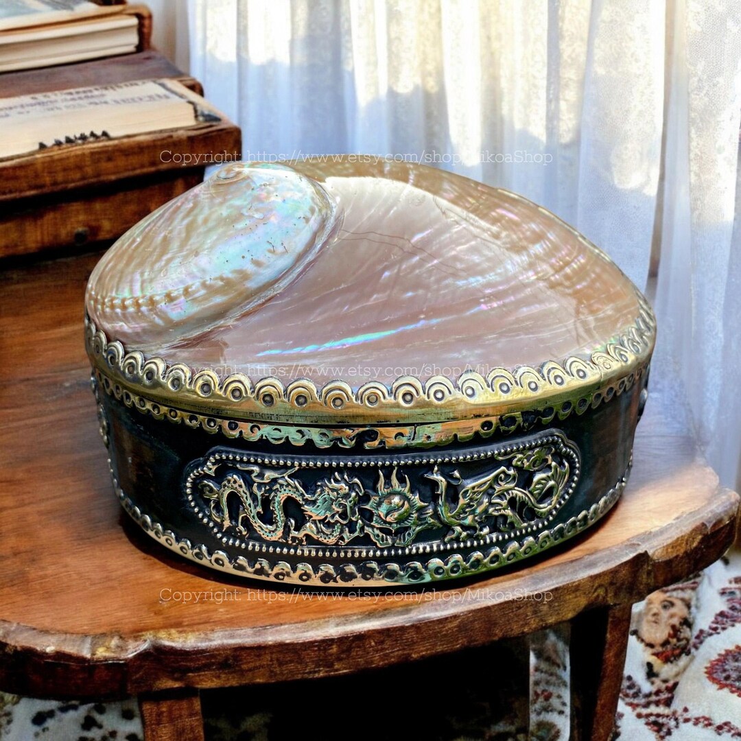 Abalone Shell Trinket Storage Vintage Seashell and Brass Jewelry Box ...